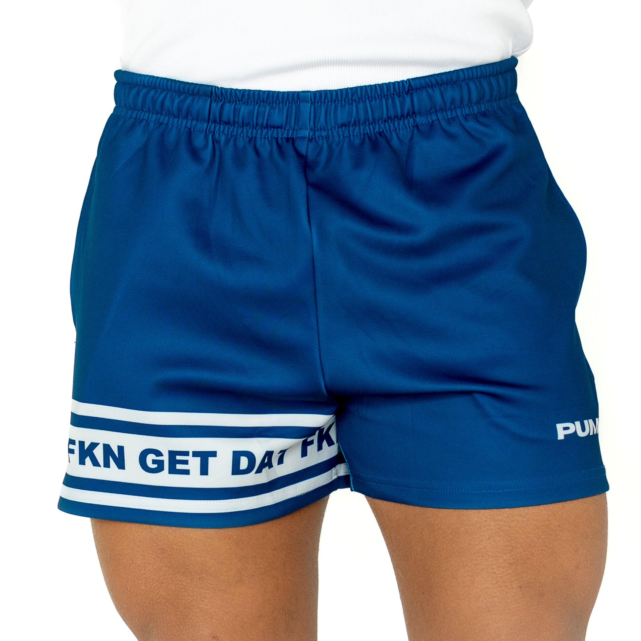 FKN GET DAT Footy Shorts - Blue – Pumpt Apparel